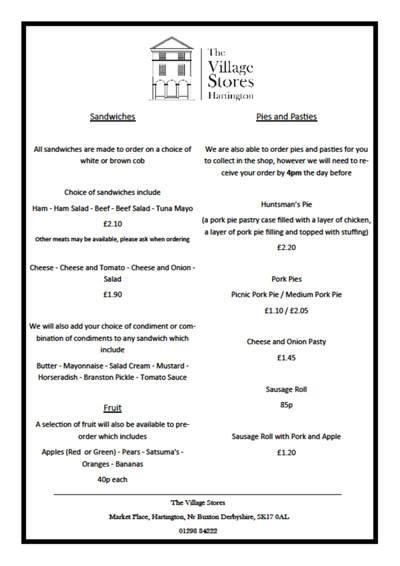 Walkers Menu - The Village Stores, HartingtonThe Village Stores, Hartington